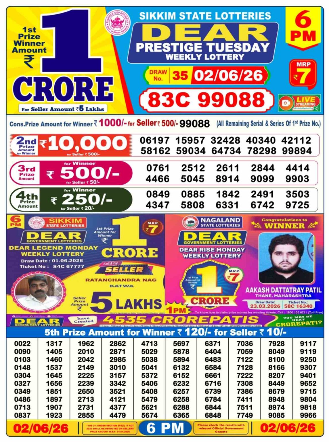 West Bengal State Lottery Result 3.6.2026 Today 6PM Result