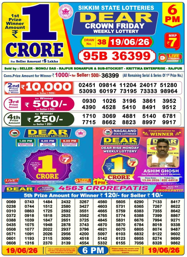 West Bengal State Lottery Result 20.6.2026 Today 6PM Result